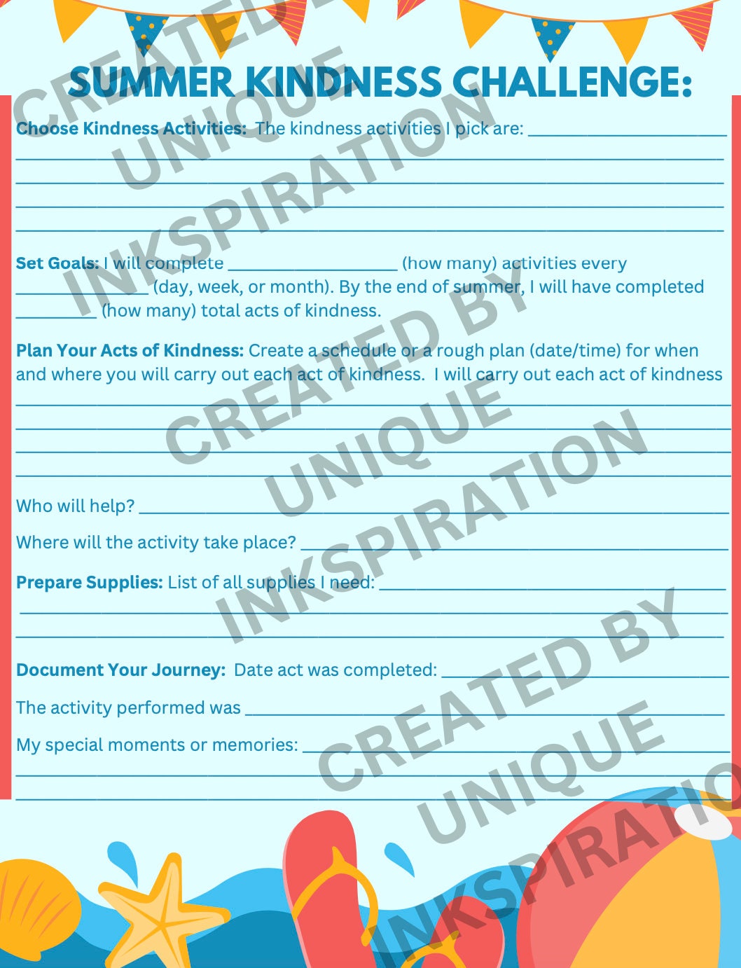 Summer Kindness Challenge for Kids Instant Printable/download, - Etsy