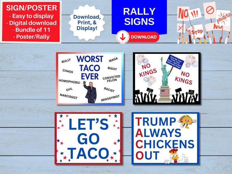 No Kings Day Printable Protest Signs – Political Posters, TACO, Trump ...