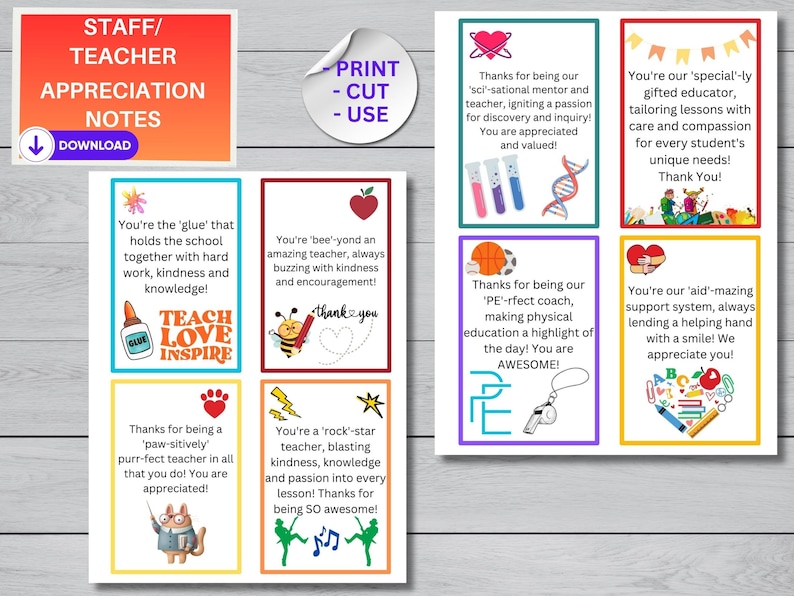 Staff & Teacher Appreciation Notes, Thank You Card Bundle, School ...