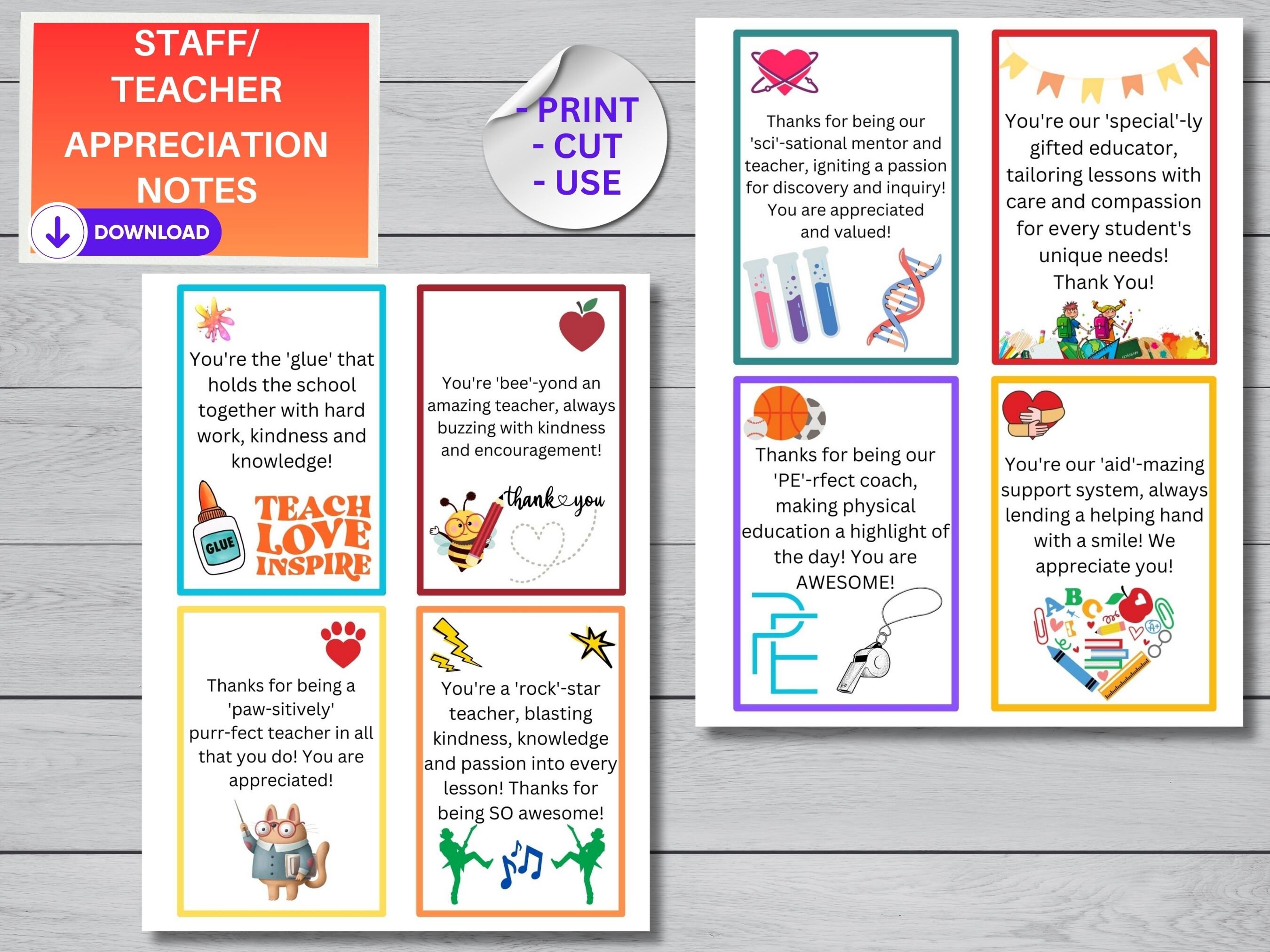 Staff & Teacher Appreciation Notes, Thank You Card Bundle, School ...