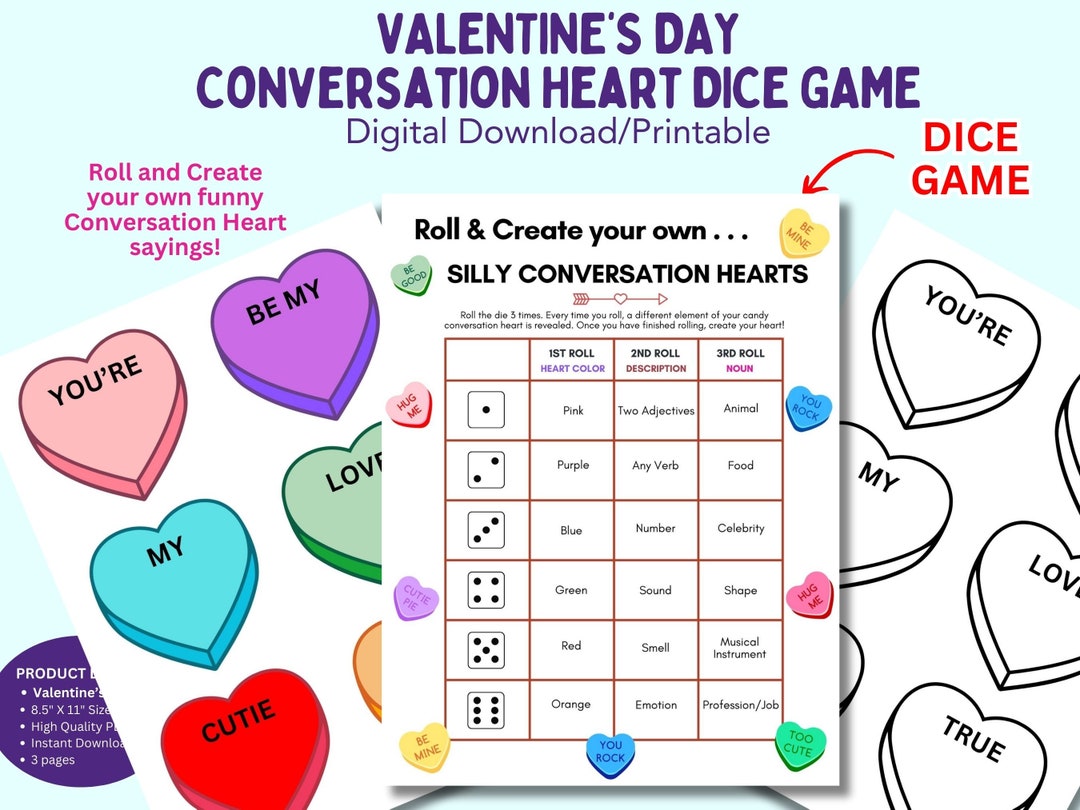 Conversation Heart Dice Game - Roll and Create a Funny Heart Message ...