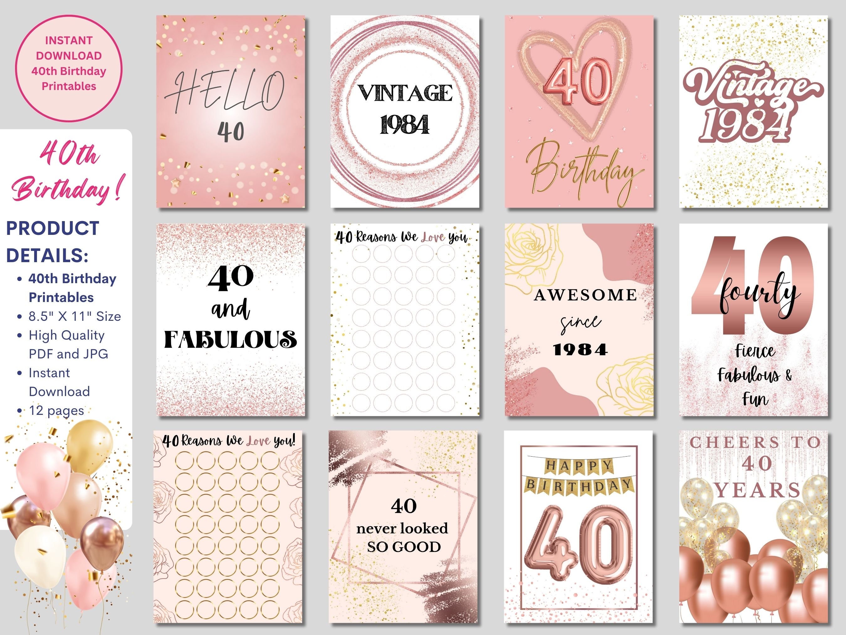 40th Birthday Printable, Digital Download, 12 Designs, Vintage 1984 ...