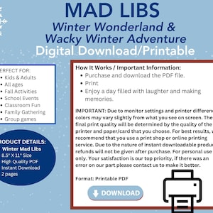 Winter-themed Mad Libs, Class Activity, Family Party, Group Game ...