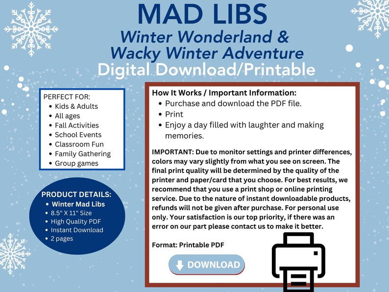 Winter-themed Mad Libs, Class Activity, Family Party, Group Game ...
