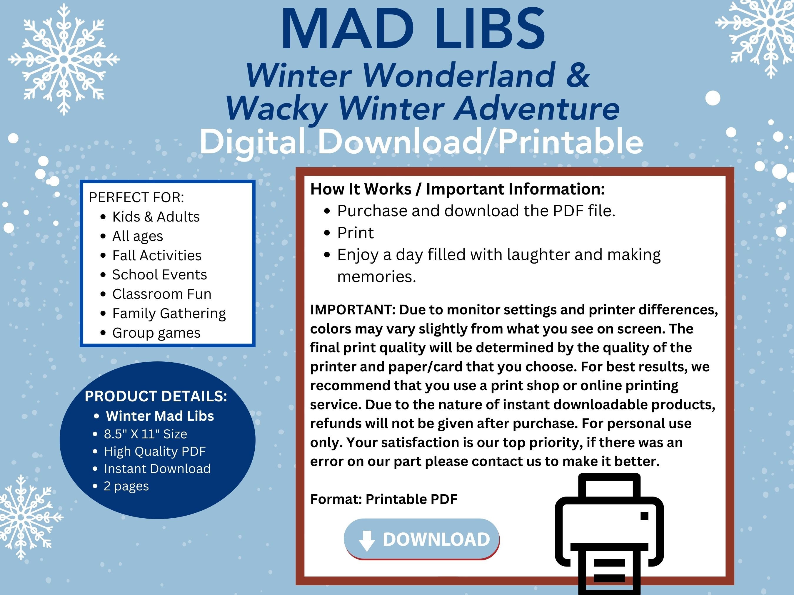 Winter-themed Mad Libs, Class Activity, Family Party, Group Game ...