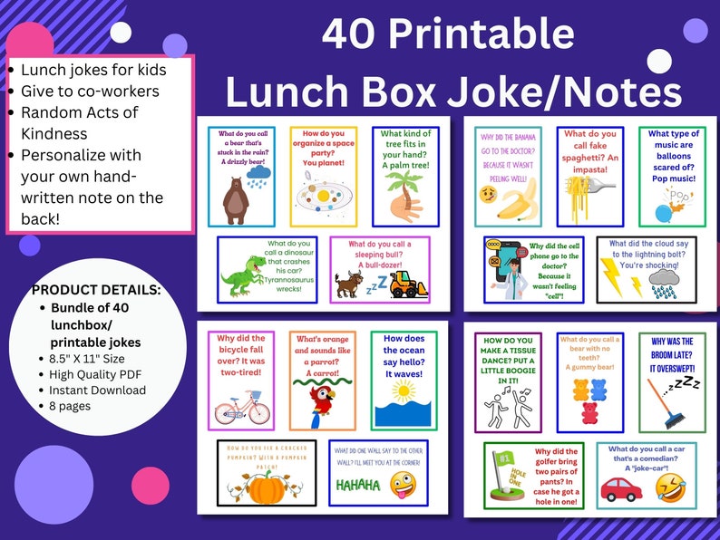 Bundle of 40 Funny Jokes, Kid's Lunchbox Notes, Ice-beaker Laughs ...