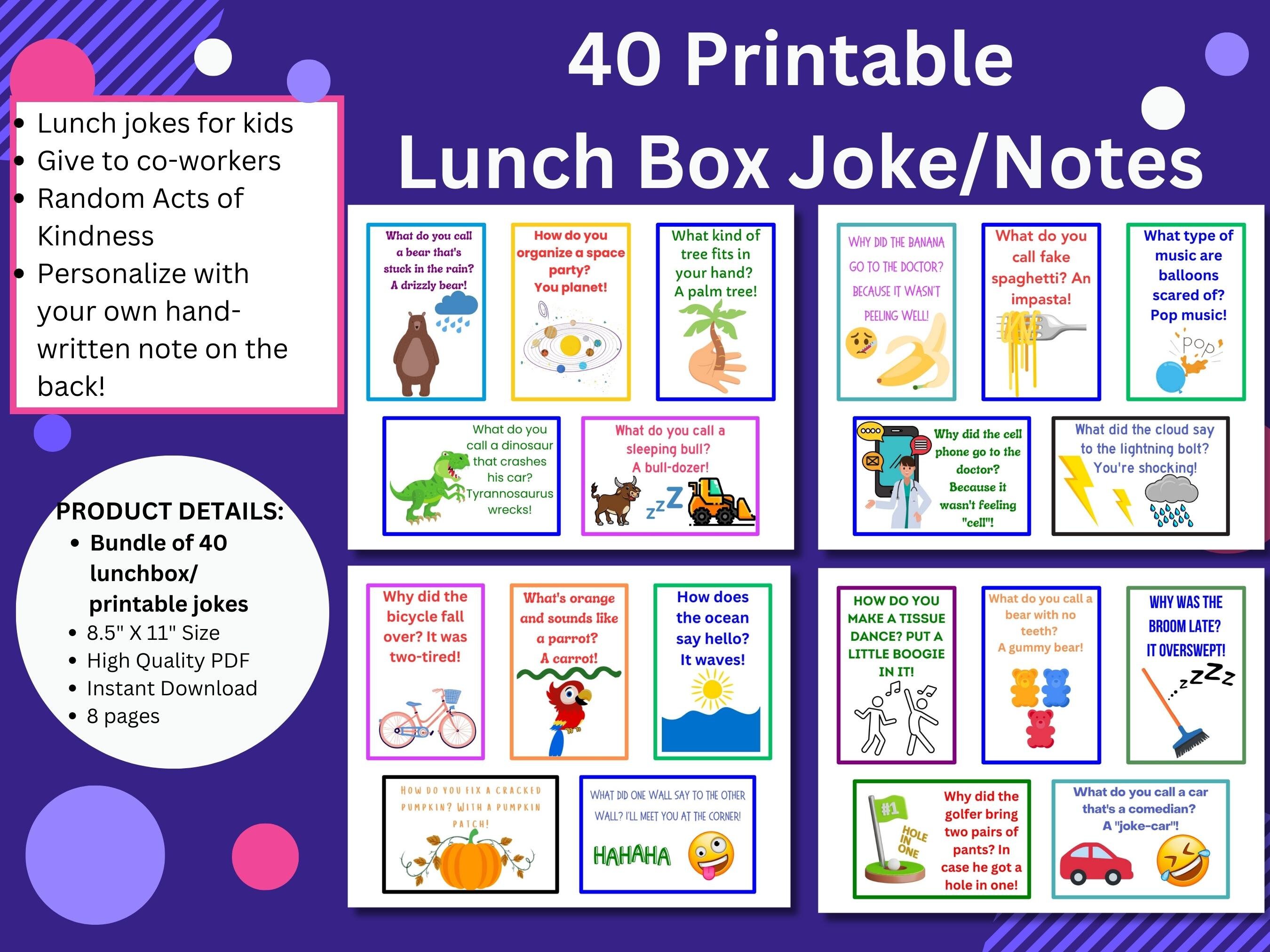 Bundle of 40 Funny Jokes, Kid's Lunchbox Notes, Ice-beaker Laughs ...