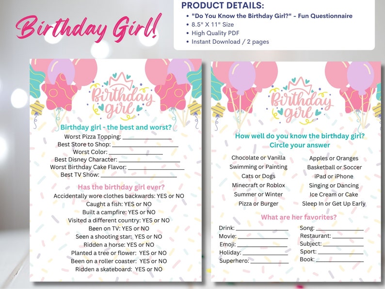 Do You Know the Birthday Girl - Fun Questionnaire for Guests, Birthday ...