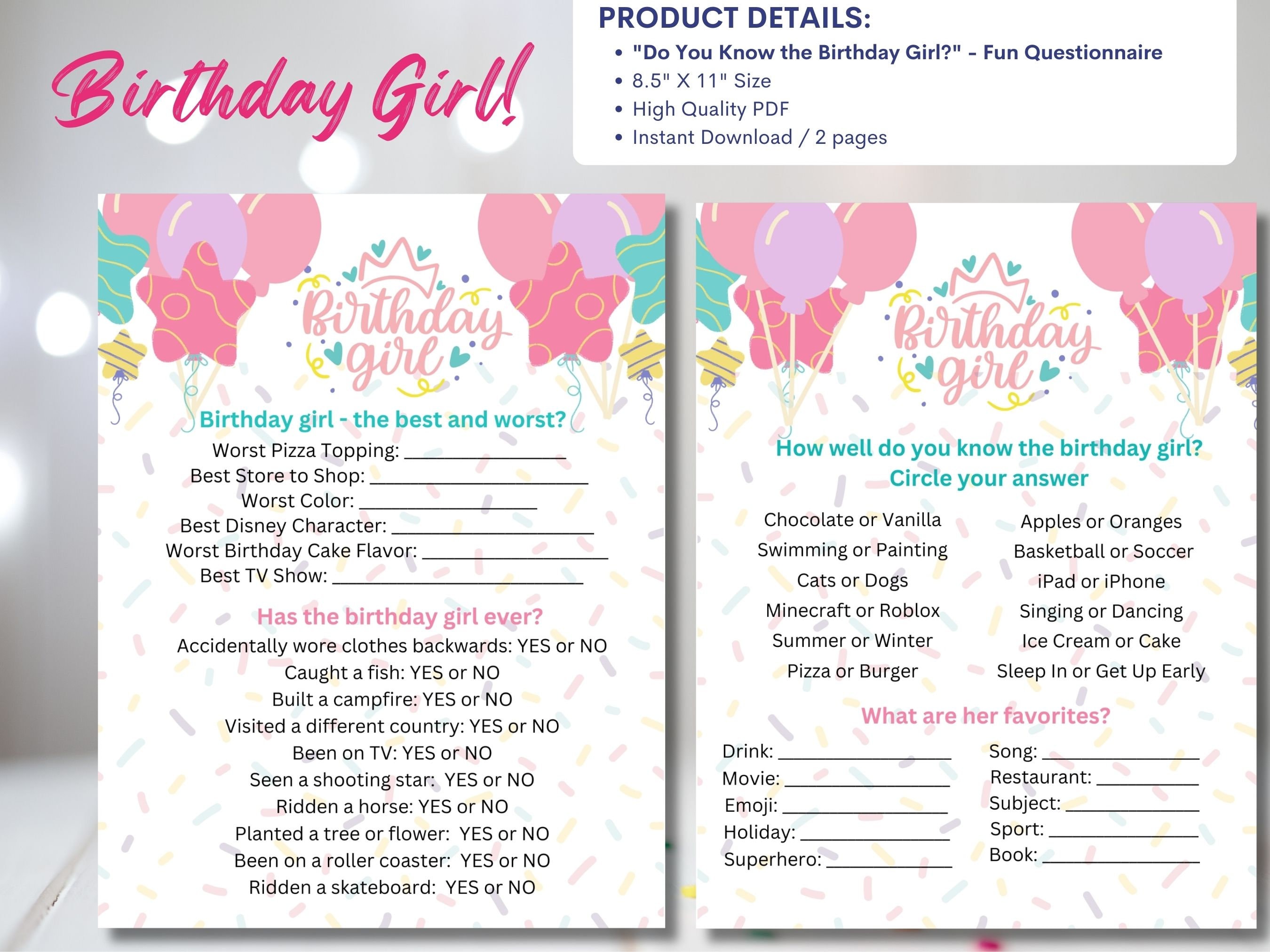 Do You Know the Birthday Girl - Fun Questionnaire for Guests, Birthday ...