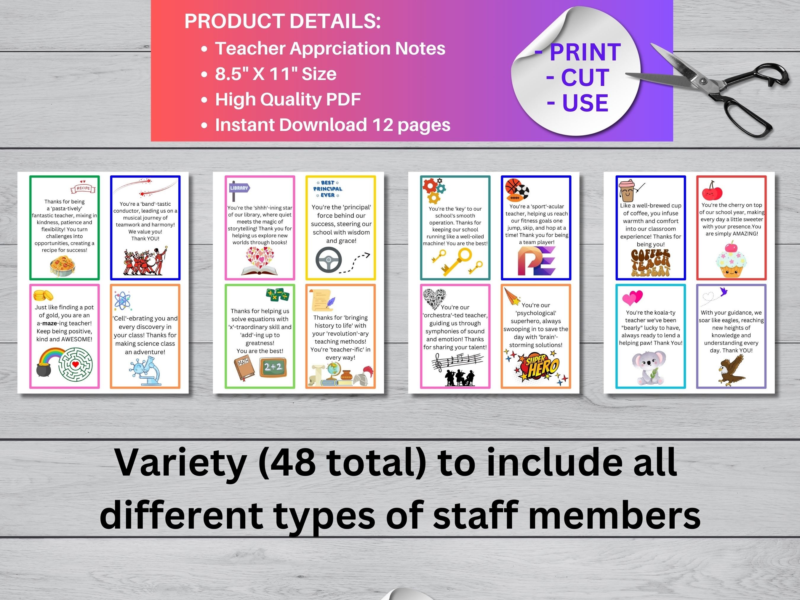 Staff & Teacher Appreciation Notes, Thank You Card Bundle, School ...