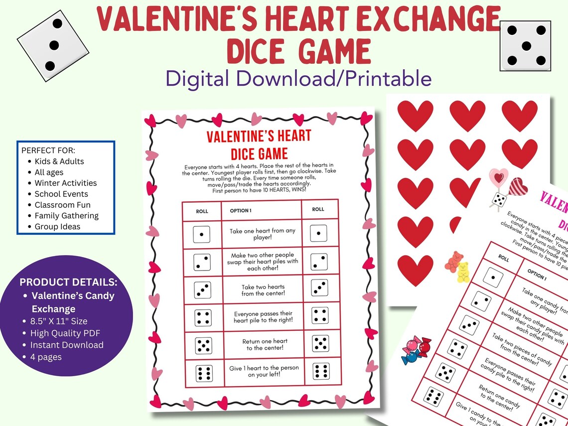 Valentine's Dice Game, Heart Exchange Game, School & Family Activity ...