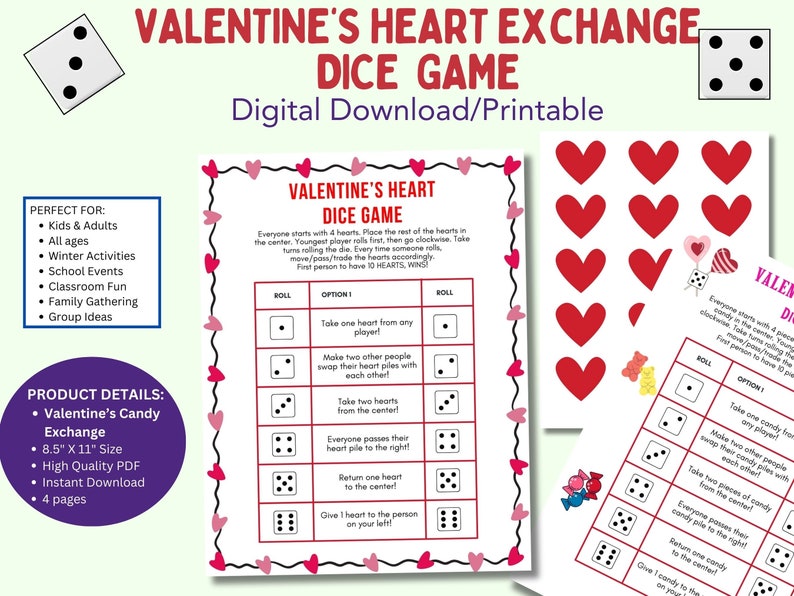 Valentine's Dice Game, Heart Exchange Game, School & Family Activity ...