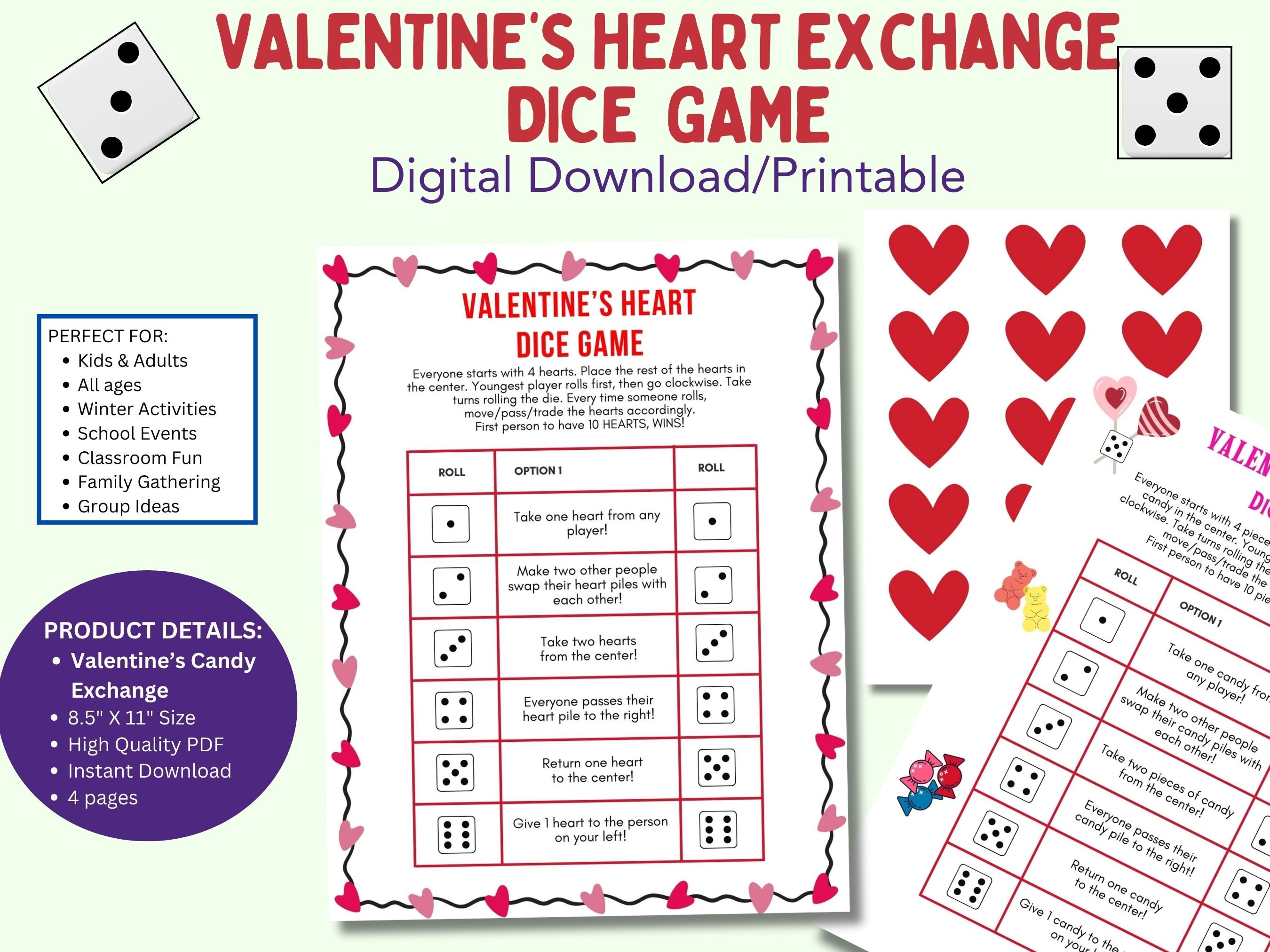 Valentine's Dice Game, Heart Exchange Game, School & Family Activity ...