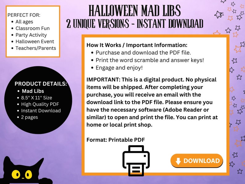 Halloween Mad Libs Bundle - Instant Download, Classroom Activity, Party ...