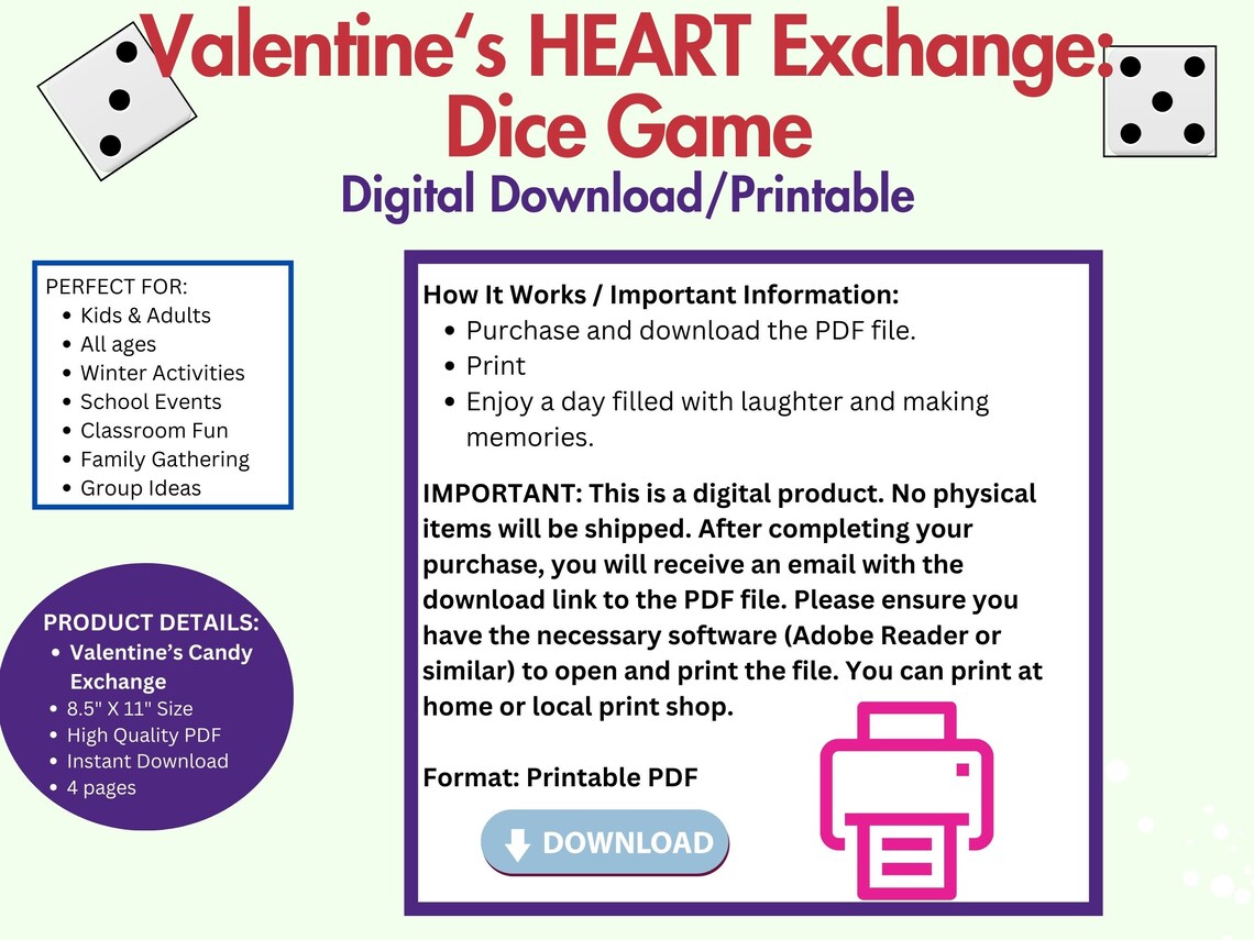 Valentine's Dice Game, Heart Exchange Game, School & Family Activity ...