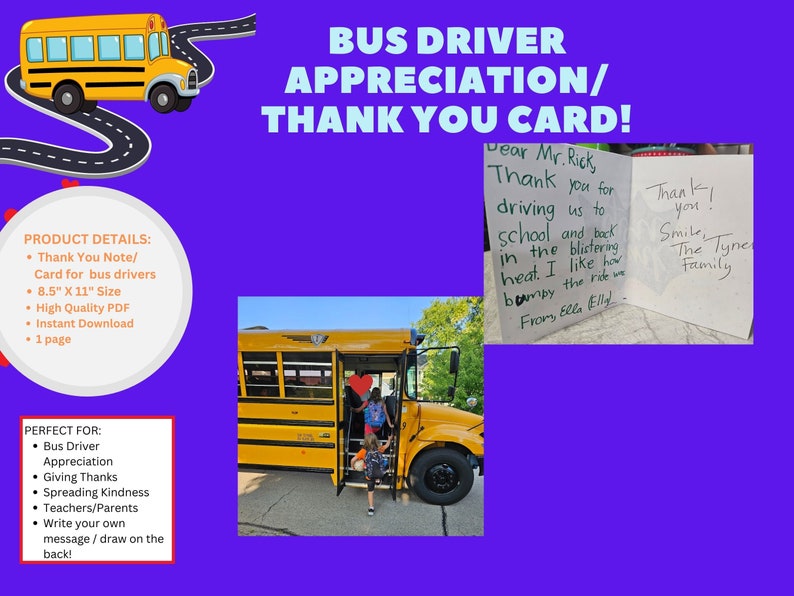 Cute School Bus Driver Appreciation Note/ Thank You Card, Class ...