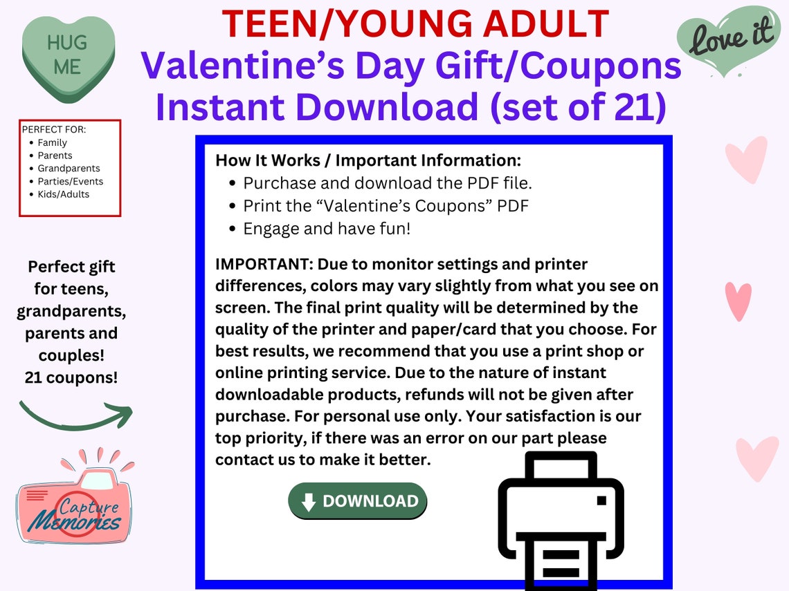 TEEN/YOUNG ADULT: Valentine's Day Coupons/gift - 21 Coupons, Vday Gift ...