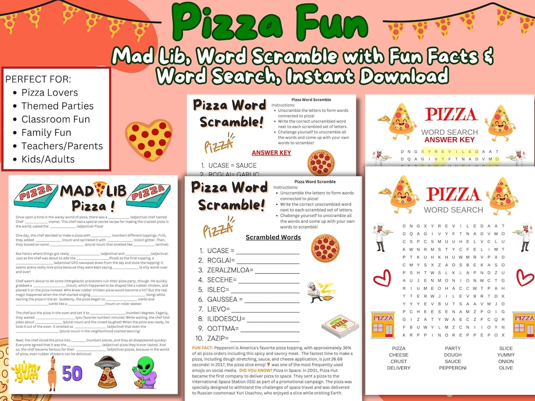 Pizza-themed Fun Activities Bundle: Mad Lib, Word Scramble, and Word ...