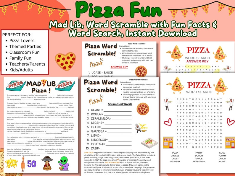 Pizza-themed Fun Activities Bundle: Mad Lib, Word Scramble, and Word ...