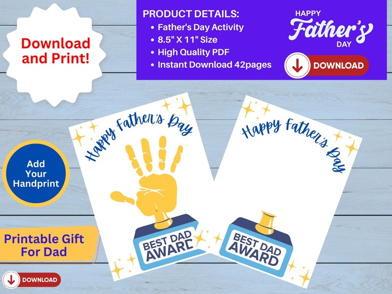 Father's Day Printable, Fathers Day Gift, Handprint Art, Best Dad Award ...