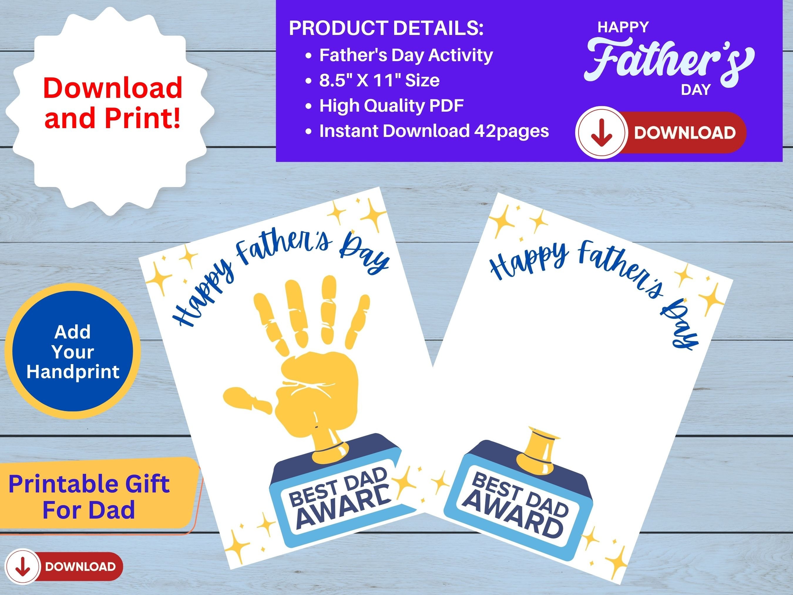 Father's Day Printable, Fathers Day Gift, Handprint Art, Best Dad Award ...