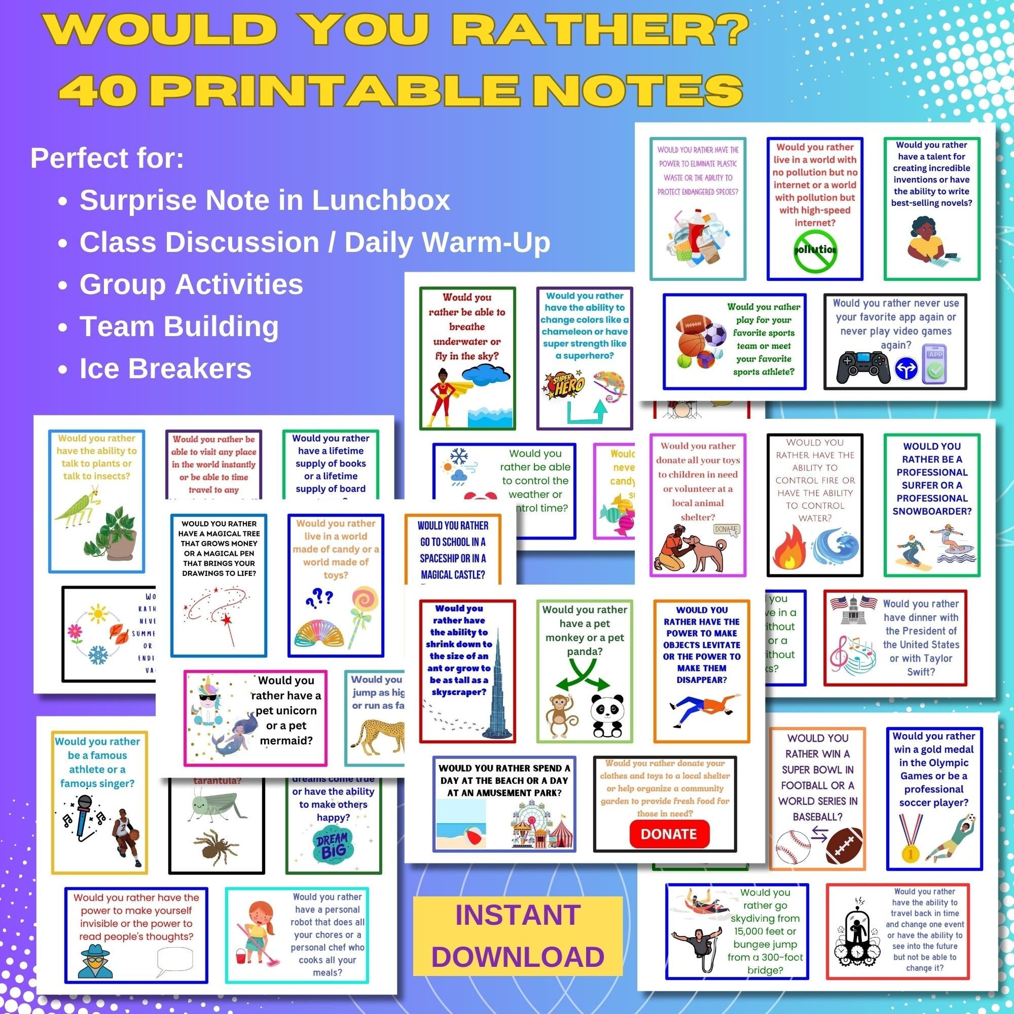 Bundle of 40 "would You Rather?" Notes, Lunchbox Notes, Class Ice ...