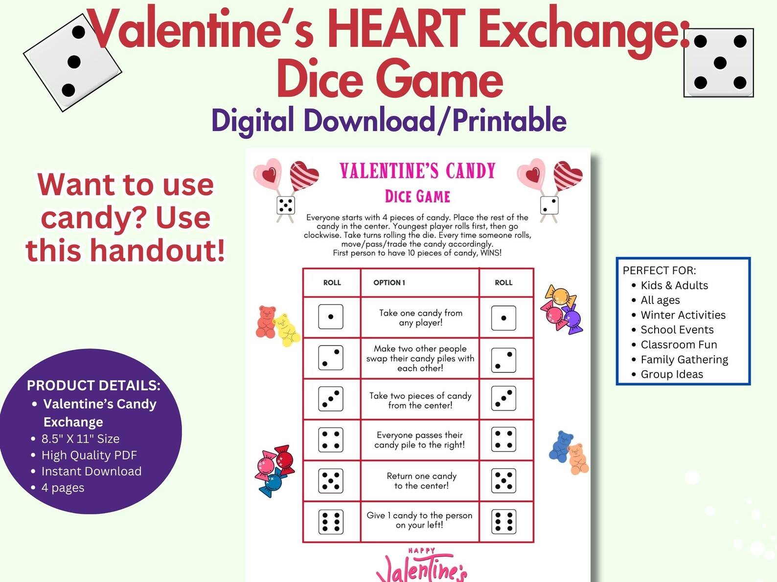 Valentine's Dice Game, Heart Exchange Game, School & Family Activity ...