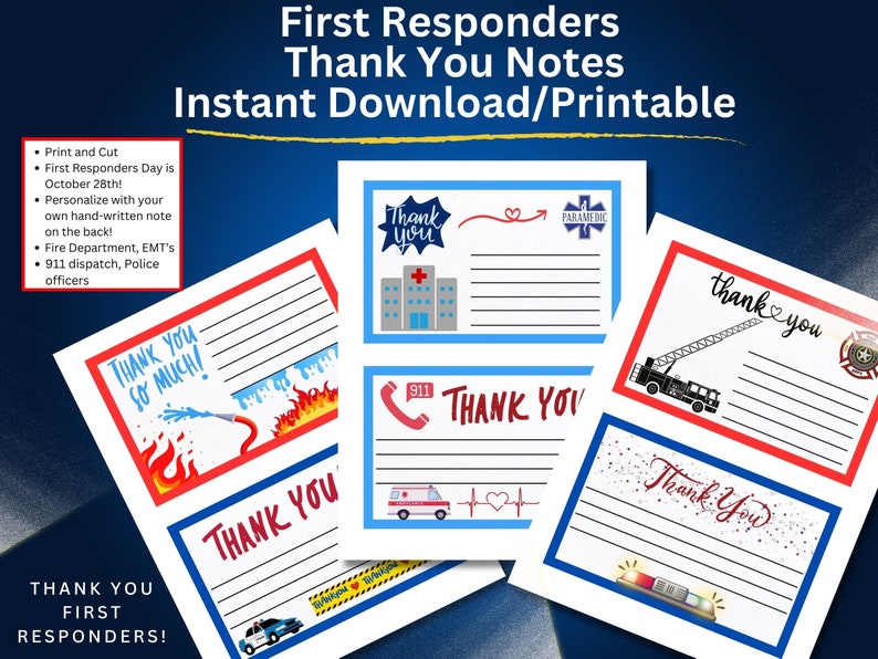 First Responders Thank You Notes, Hero Appreciation, Instant Download ...