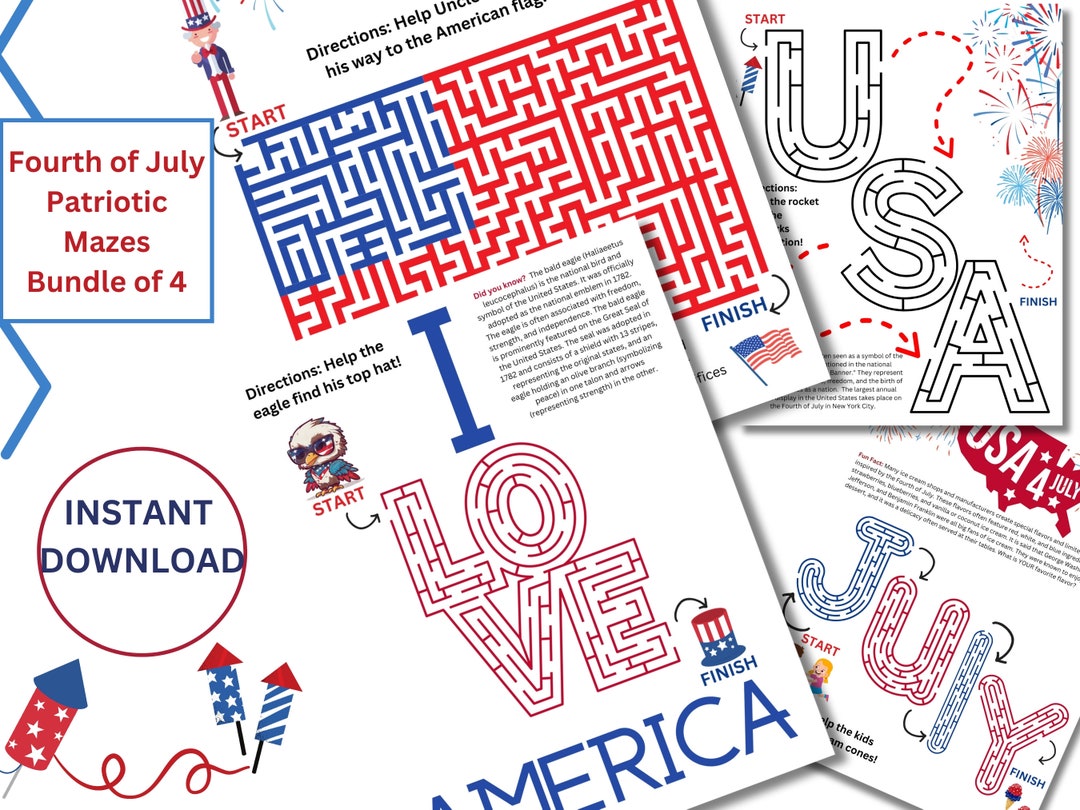 Fourth of July Patriotic Mazes- Printable Bundle, 4th of July, Holiday ...