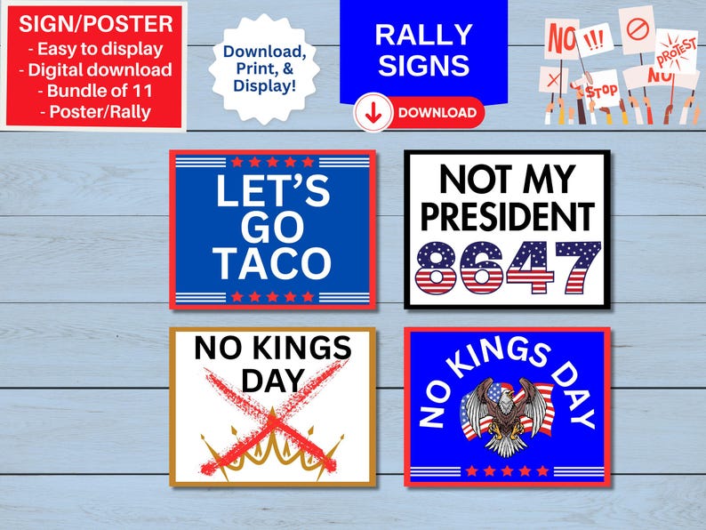 No Kings Day Printable Protest Signs – Political Posters, TACO, Trump ...