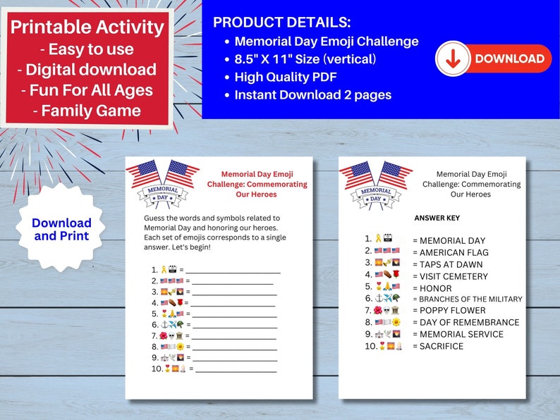 Memorial Day Emoji Challenge, Family Game, Holiday Puzzle, Kid's ...