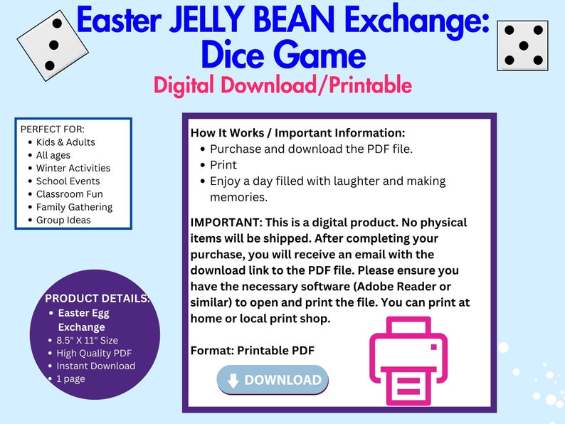 Easter Jellybean Exchange Dice Party Game, Class/family Activity, Group ...