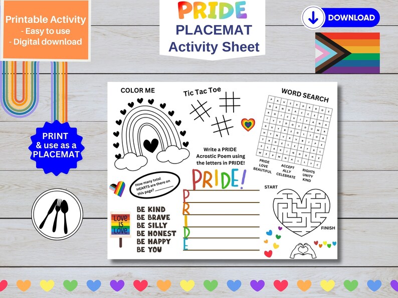 PRIDE Placemat, Fun Kids Activity Table Mat, Craft Activity Page, Love ...