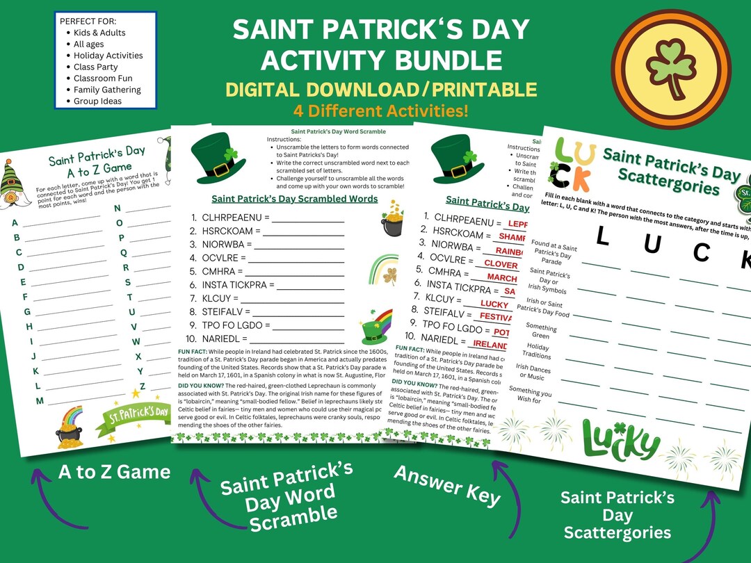 Saint Patrick's Day Activity Bundle, Word Scramble, Scattergories, A to ...