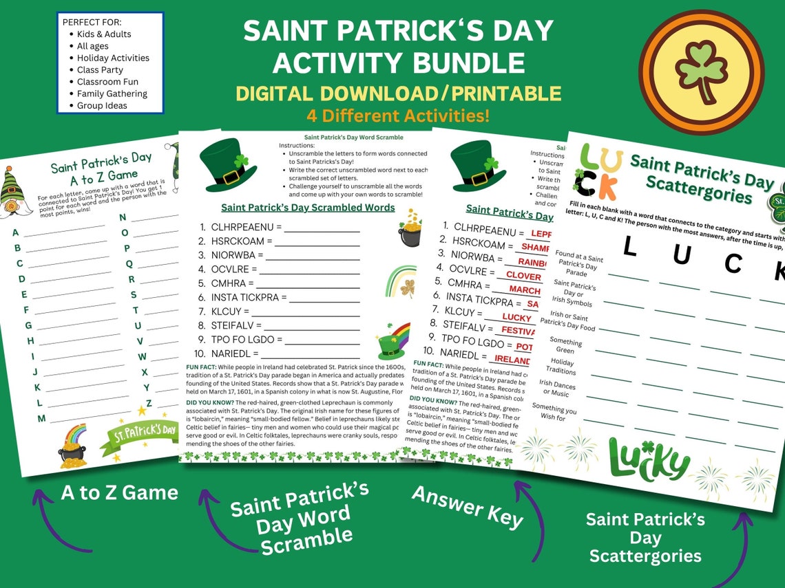 Saint Patrick's Day Activity Bundle, Word Scramble, Scattergories, A to ...