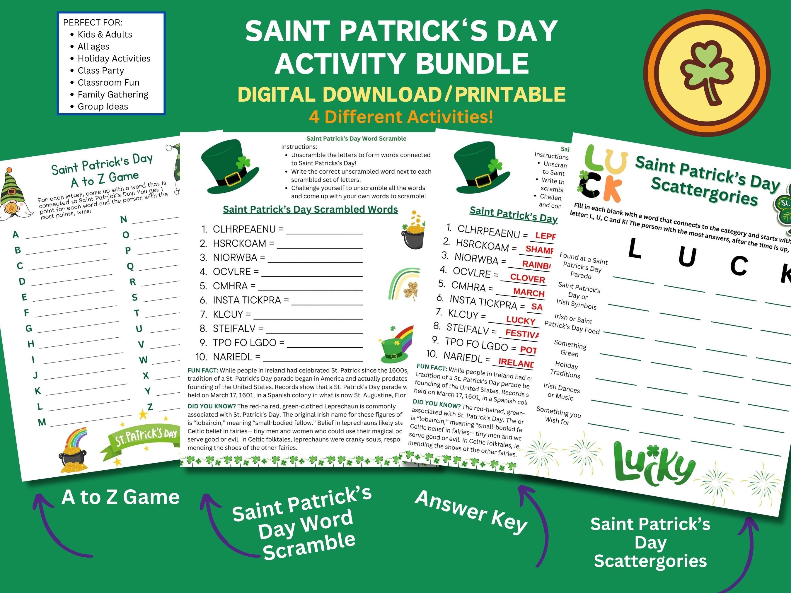 Saint Patrick's Day Activity Bundle, Word Scramble, Scattergories, A to ...