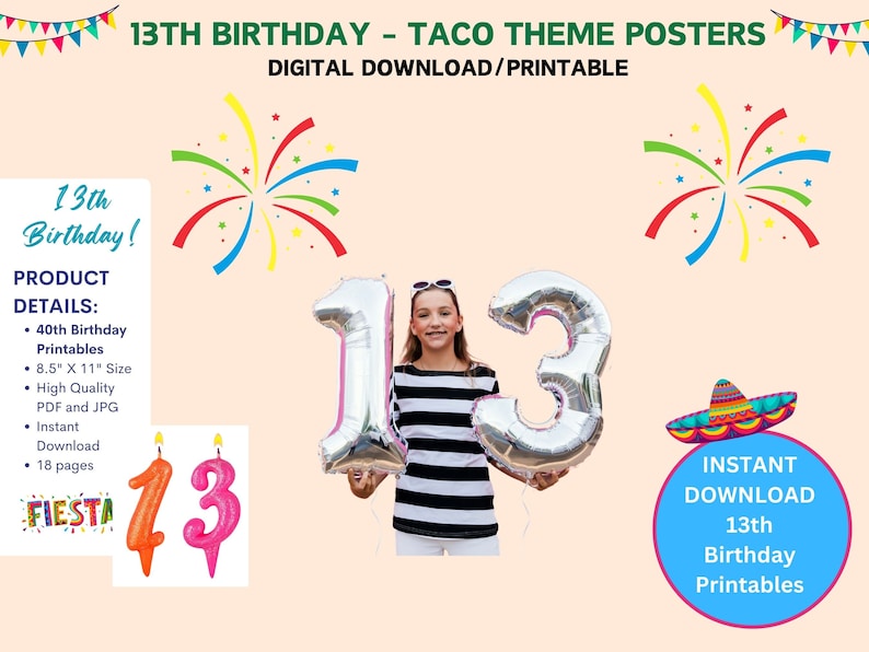 Taco-themed 13th Birthday, Set of 18 Prints, Nacho Average Teen, Holy ...