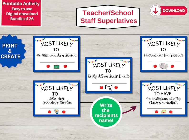 Teacher/staff Superlative Awards, School Party, Funny Teacher ...