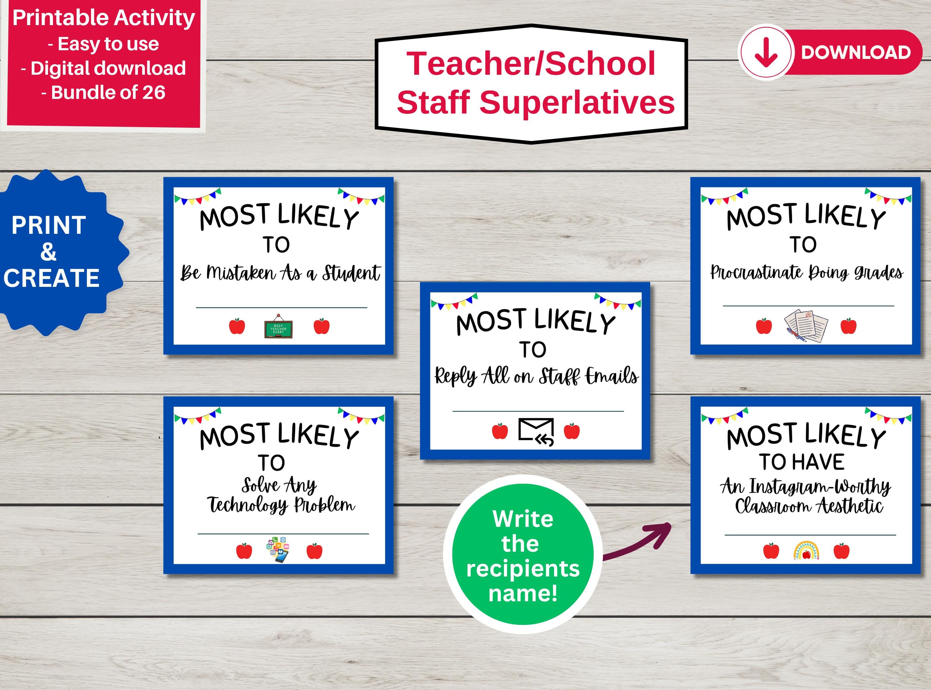 Teacher/staff Superlative Awards, School Party, Funny Teacher ...