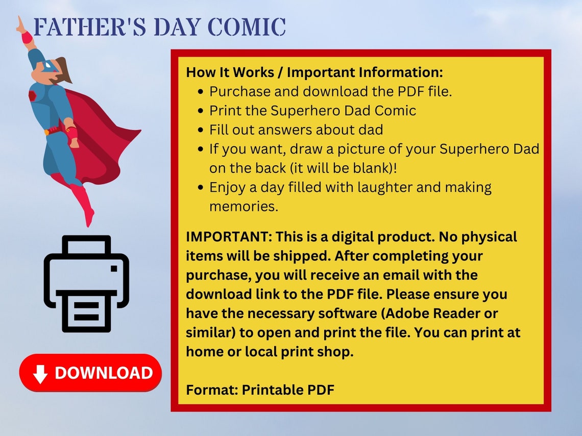Superhero Dad Father's Day Download/printable Sheet, Perfect Gift for ...