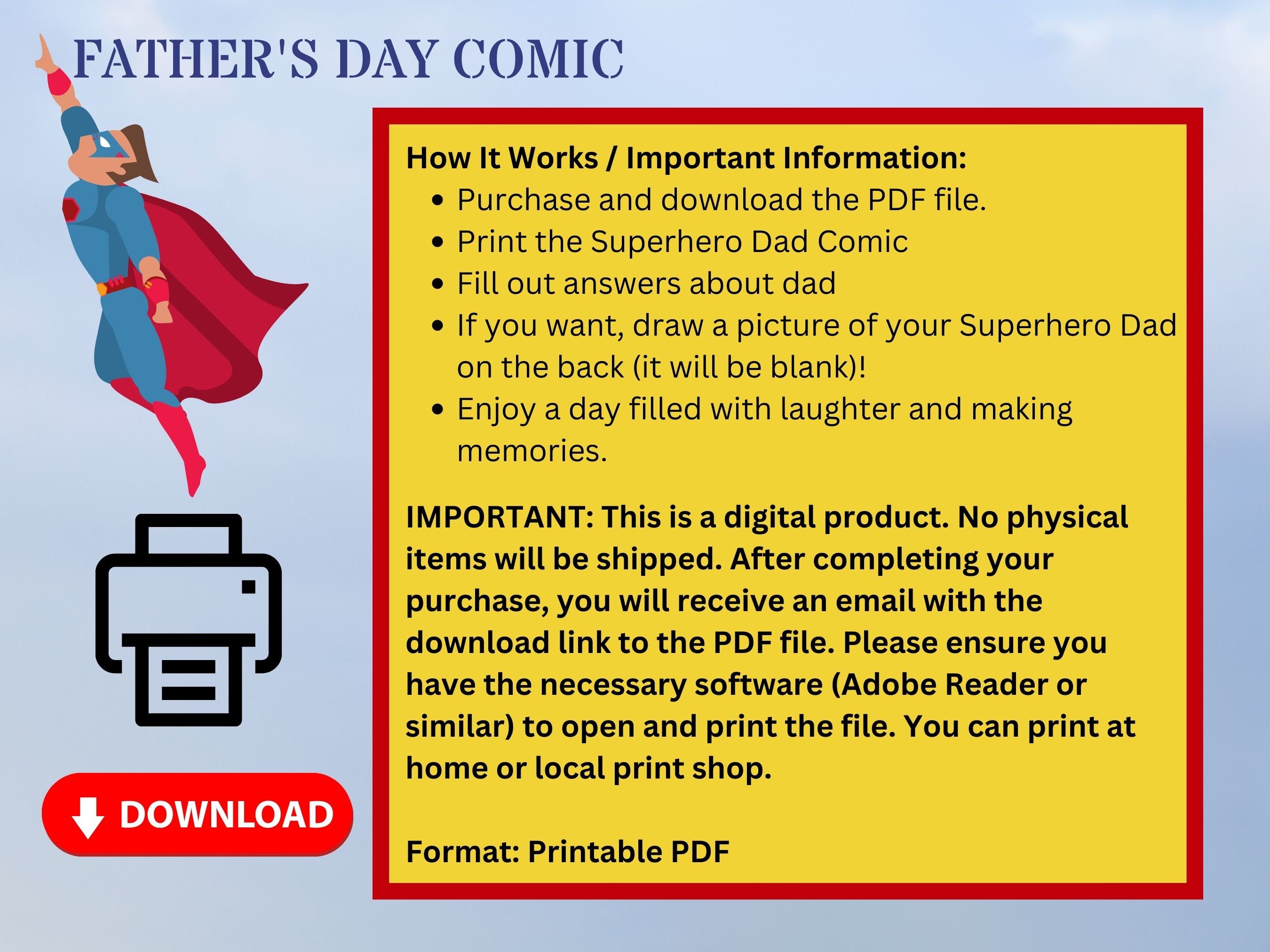 Superhero Dad Father's Day Download/printable Sheet, Perfect Gift for ...