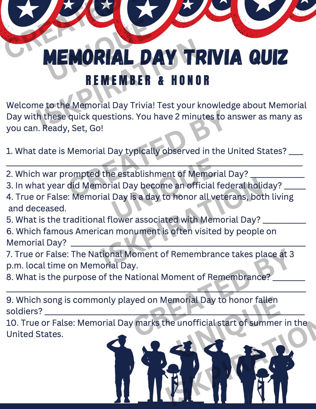 Memorial Day Trivia Quiz With Scoring Guide Easy Download/printable - Etsy