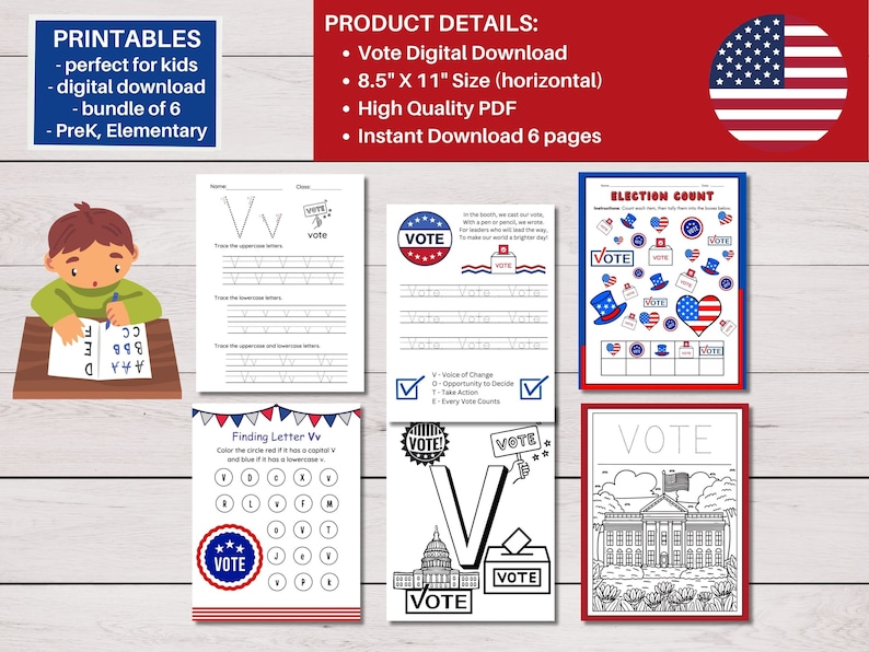 Prek, Early Elementary V is for Vote, Counting/tracing Worksheets ...