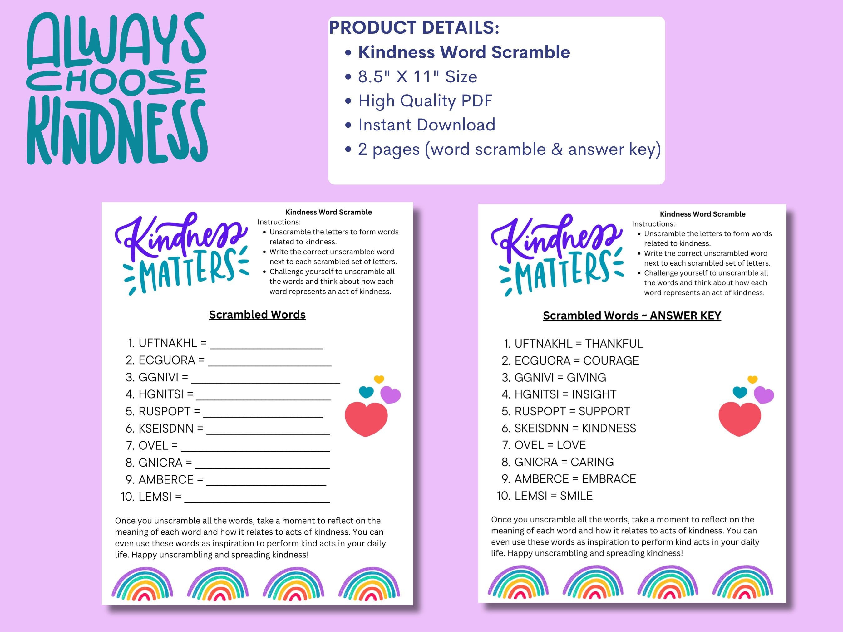 Kindness Word Scramble Puzzle - Printable/instant Download, Fun for ...