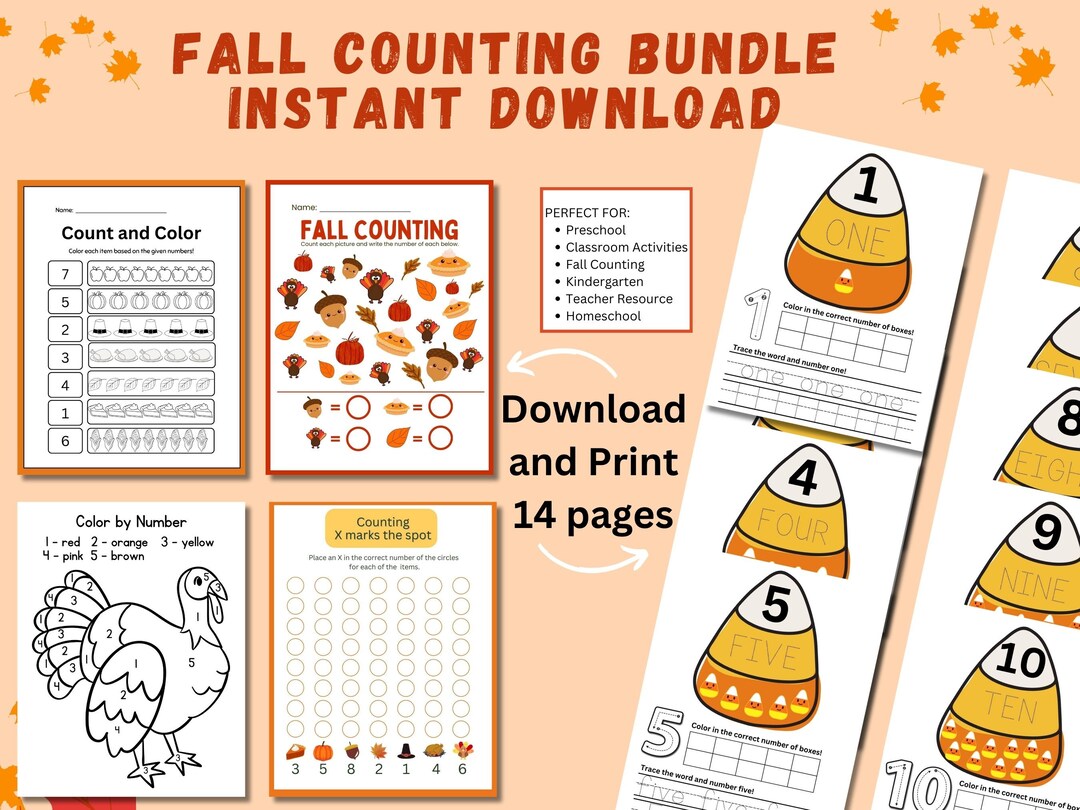 Counting Numbers 1-10 Worksheets, Fall-themed, 14 Pages, Prek and Early ...