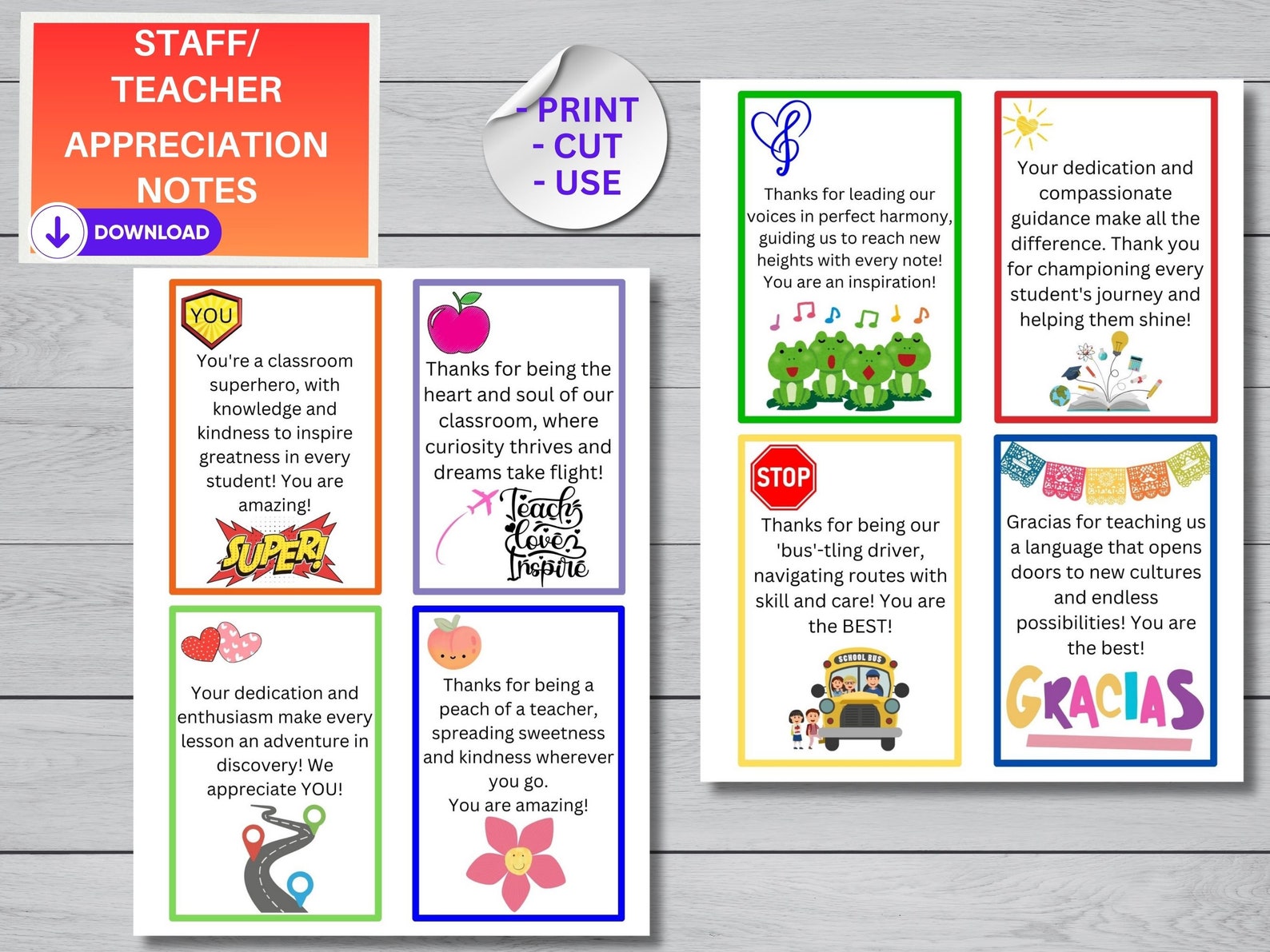 Staff & Teacher Appreciation Notes, Thank You Card Bundle, School ...
