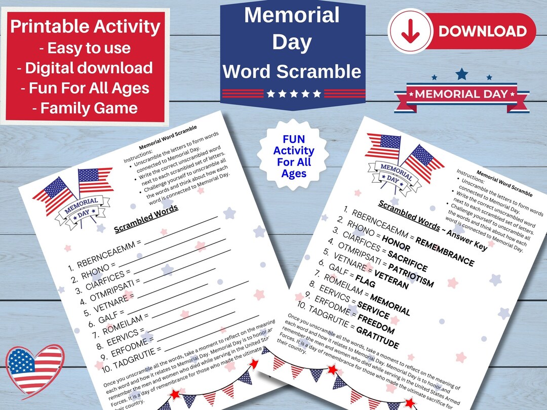 Memorial Day Word Scramble, Family Gathering Puzzle, Activity for All ...