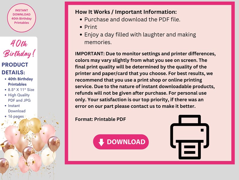 40th Birthday Printable, Digital Download, 16 Designs, Vintage 1985 ...