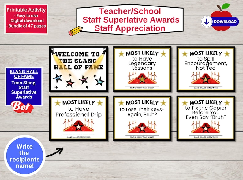Teacher Staff Superlative Awards Printable, Slang Hall of Fame, Staff ...
