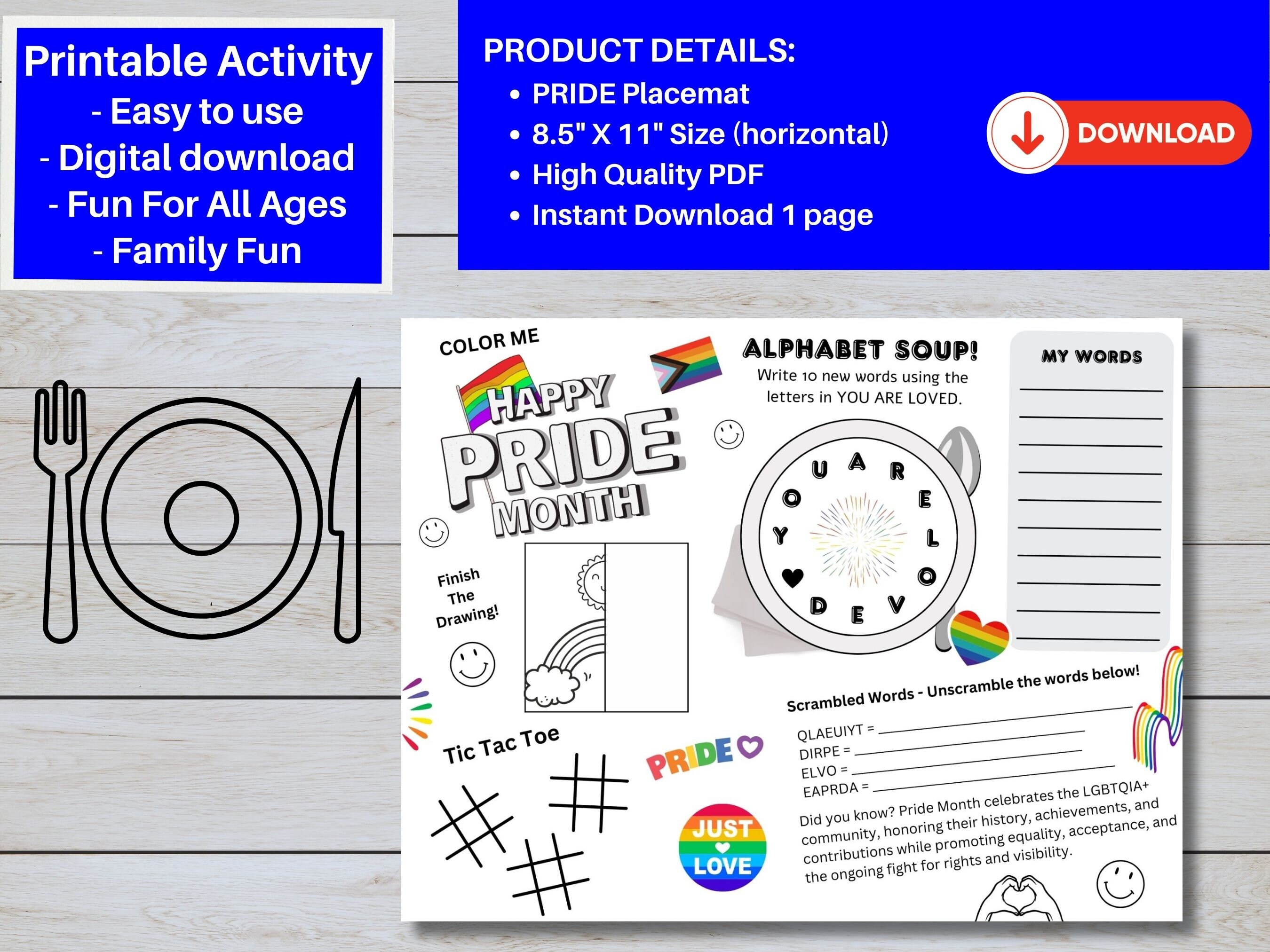 PRIDE Placemat, Kids Activity Table Mat, Craft Activity Page, Love Wins ...